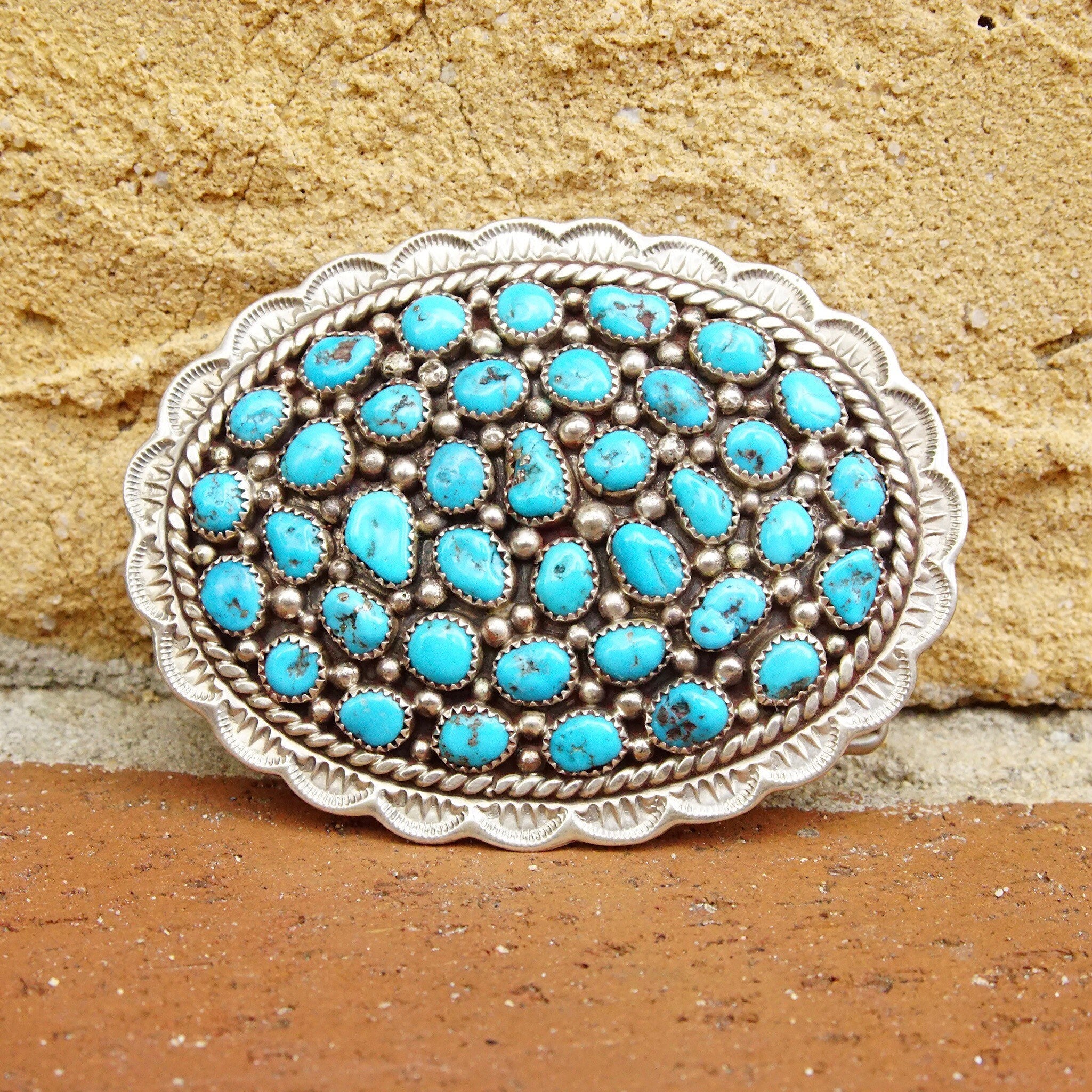 Authentic Large Navajo Turquoise Cluster Sterling Belt Buckle – Good's ...