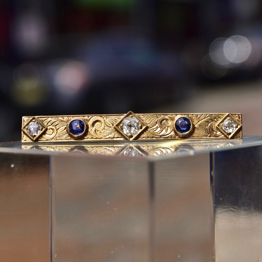 Antique 14K Gold Diamond & Sapphire Bar Pin | Art Nouveau Engraved ...