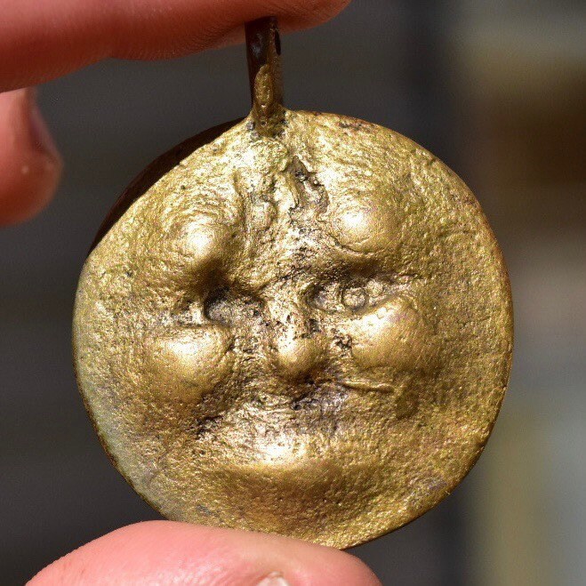 Vintage Solid Brass Grumpy Moon Face Pendant, Unique Worn Gold Brass F ...