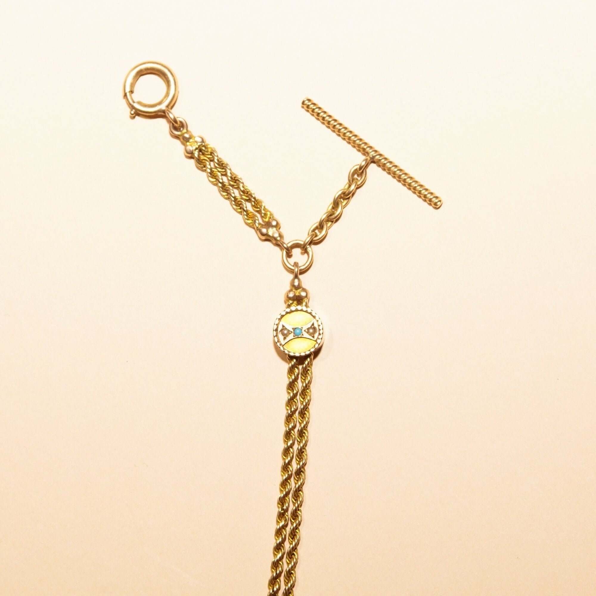 Antique 14K Ladies Pocket Watch Chain W/ Turquoise Seed Pearl Slide ...